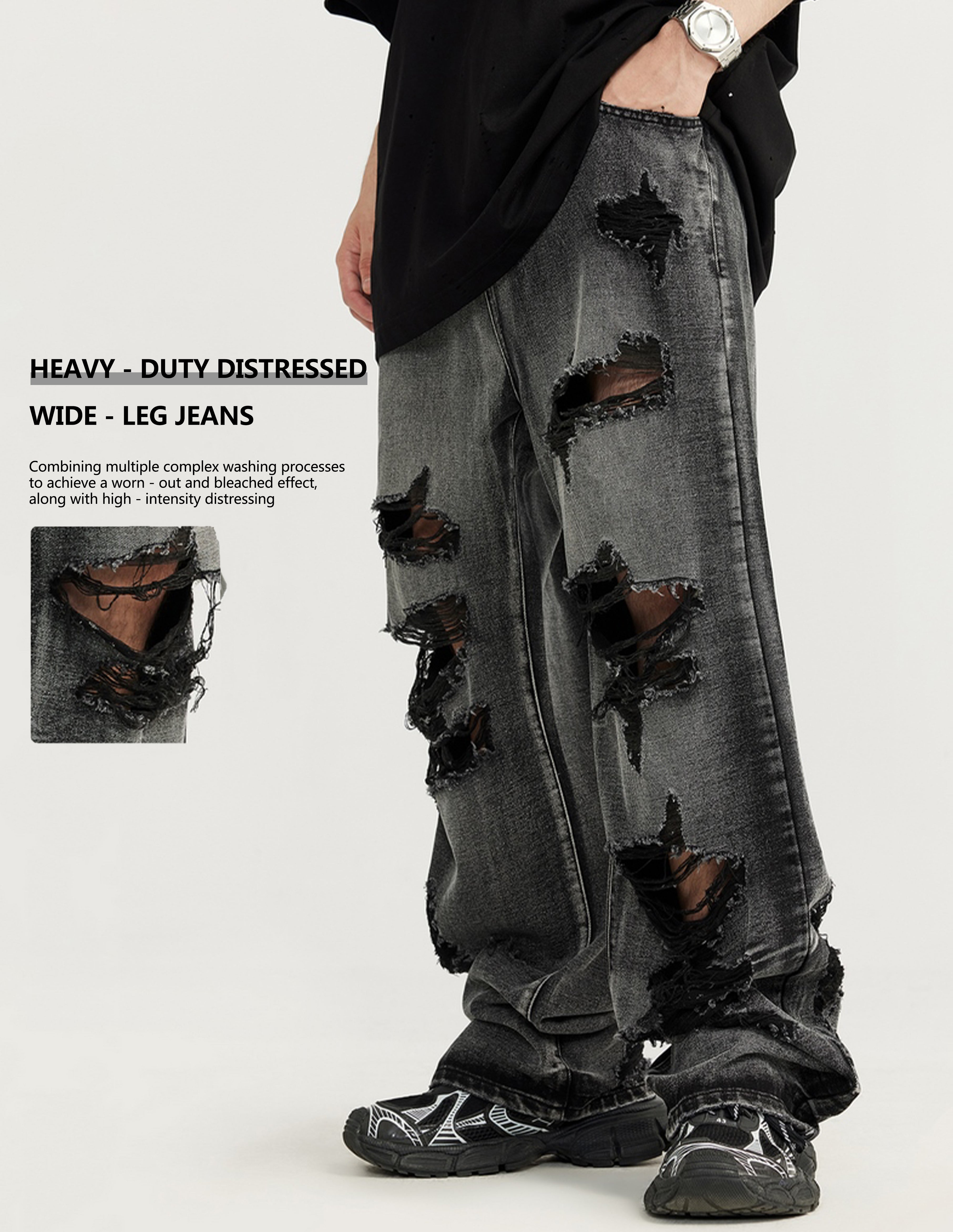 BAKYARDER Heavy Ripped Wide-leg Jeans
