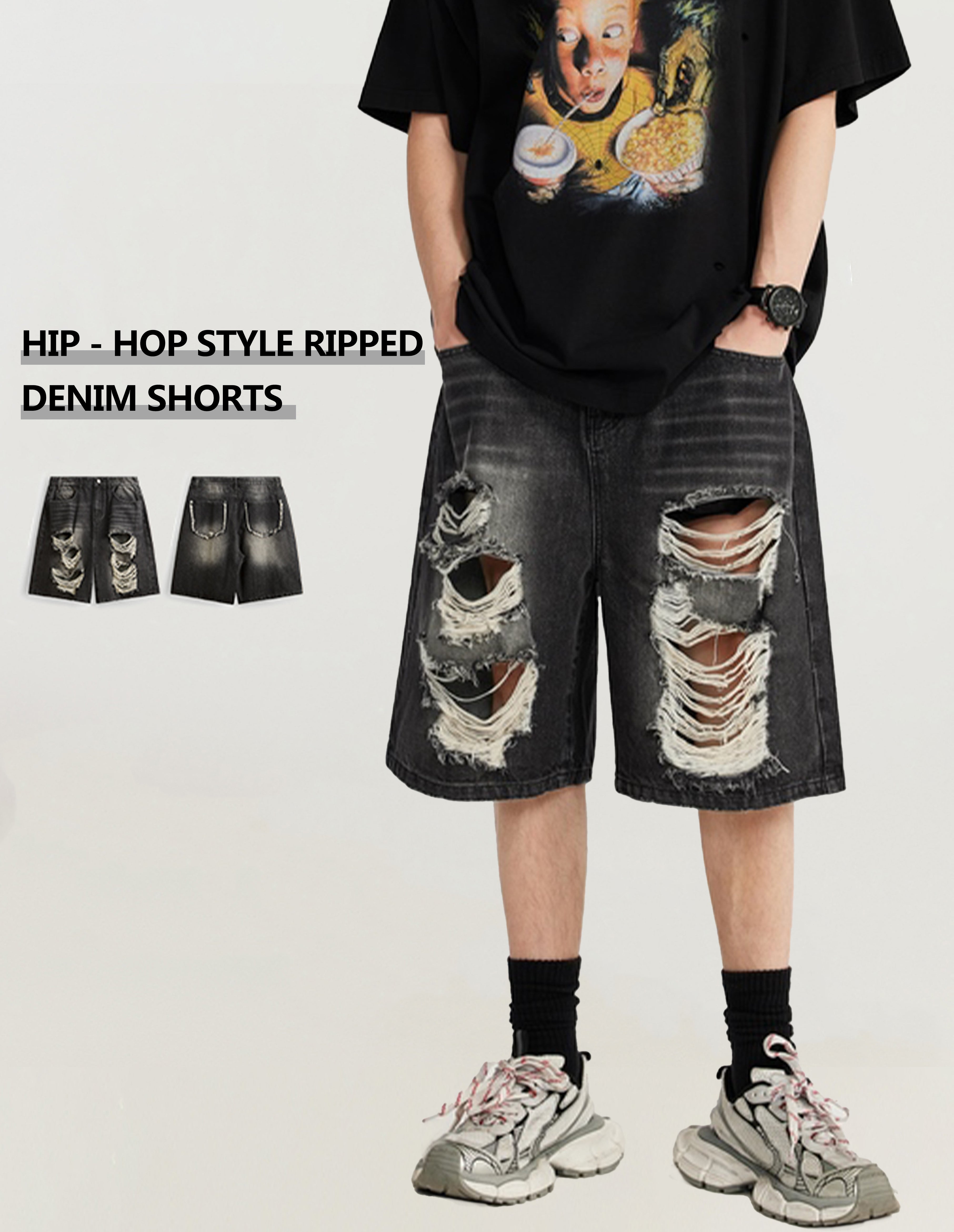 BAKYARDER Hip-Hop Ripped Denim Shorts