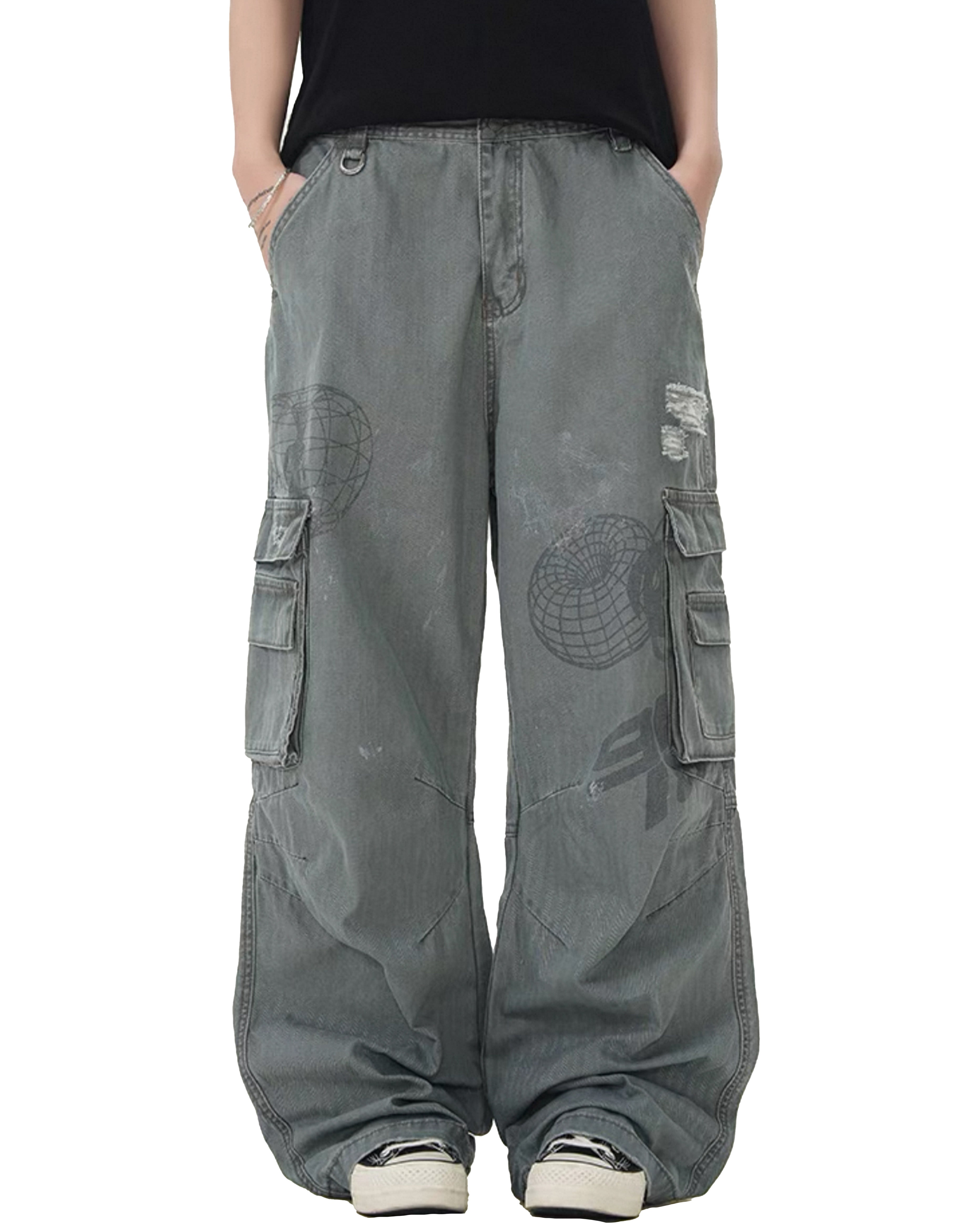 BAKYARDER Vintage Multi-Pocket Distressed Printed Cargo Jeans