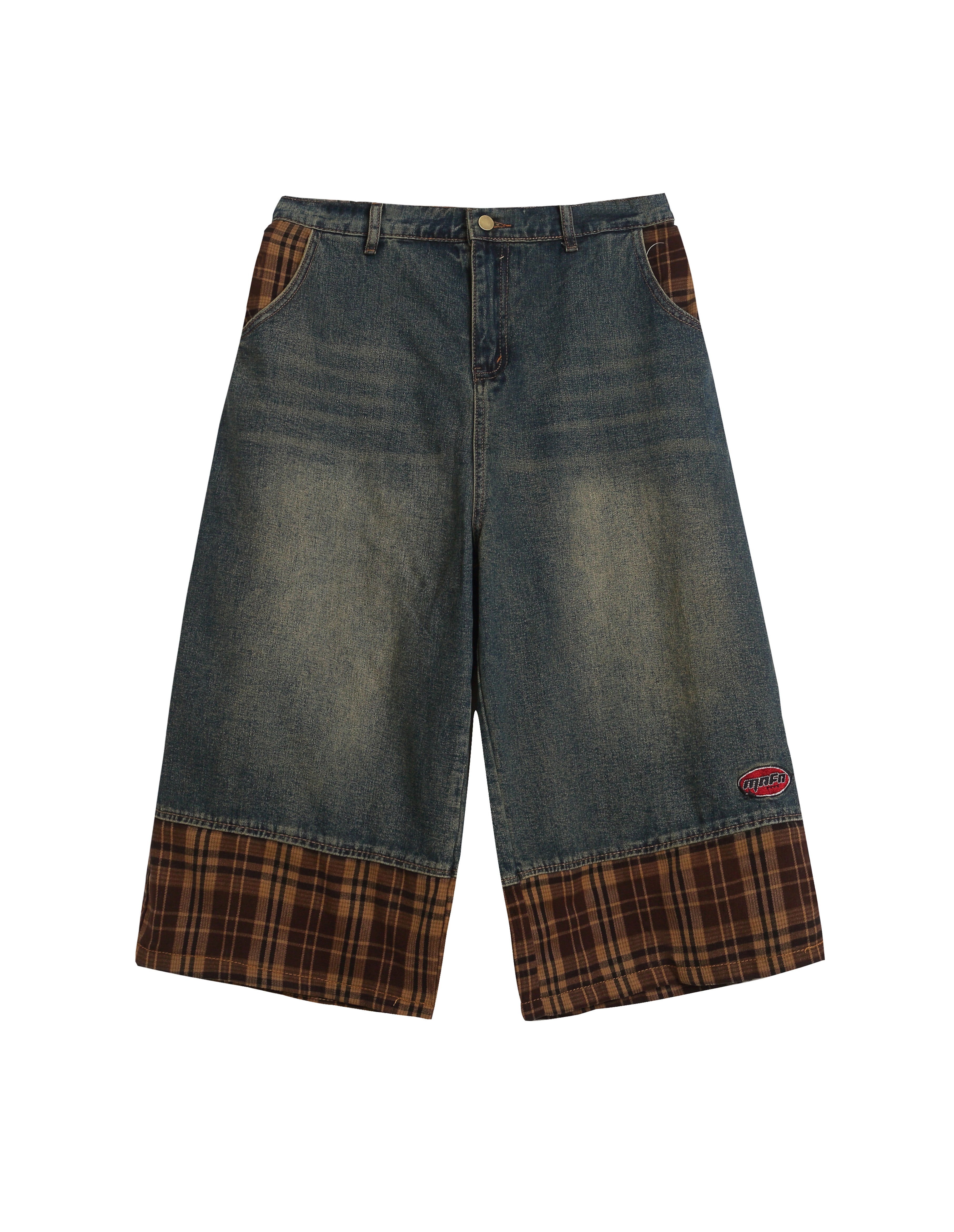BAKYARDER Vintage Washed Patchwork Plaid Denim Capri Pants